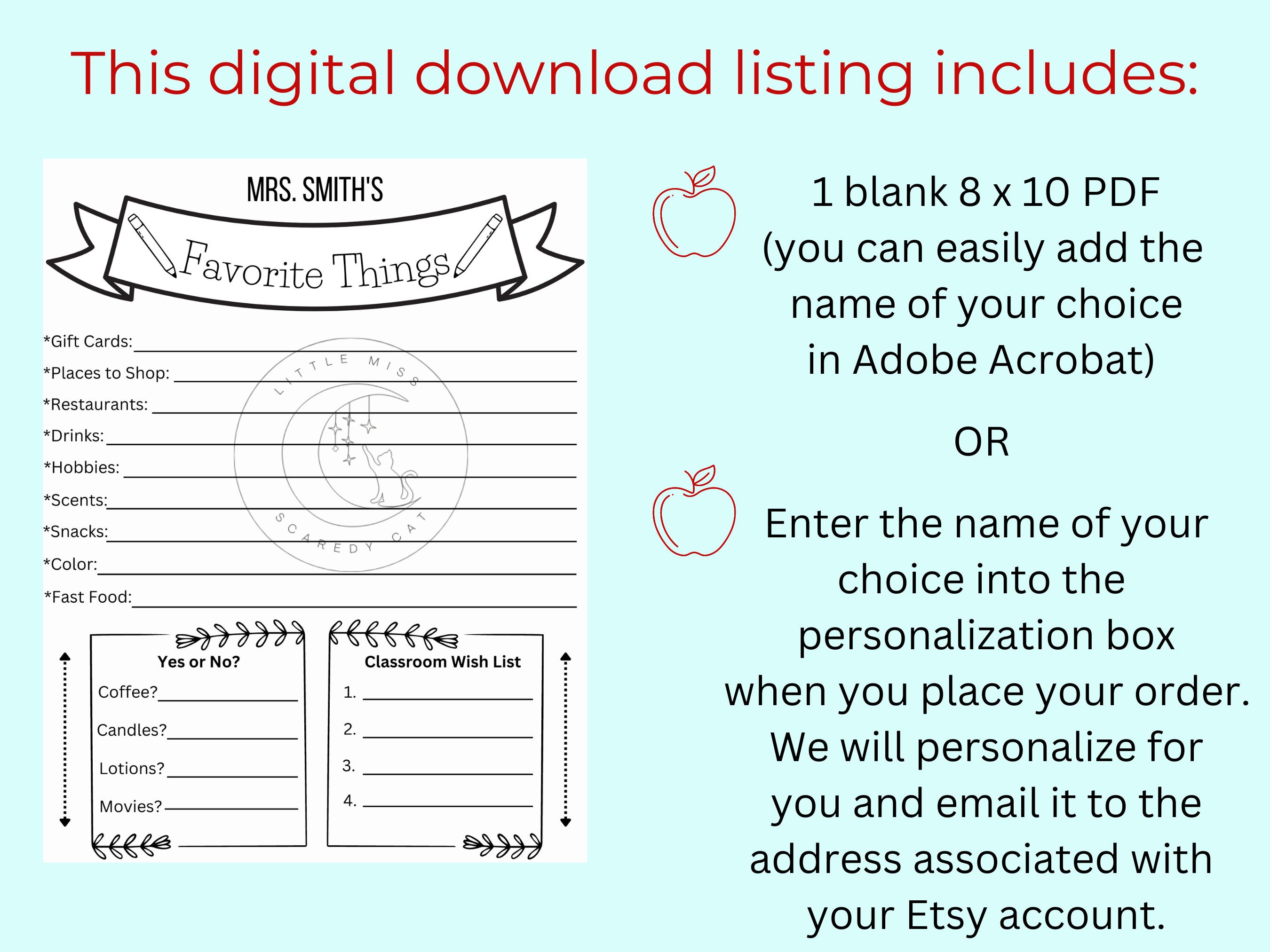 Personalized Teacher's Favorite Things List, Teacher Appreciation Ideas ...