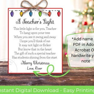 A Teacher's Light Poem Christmas Gift Tag - Etsy