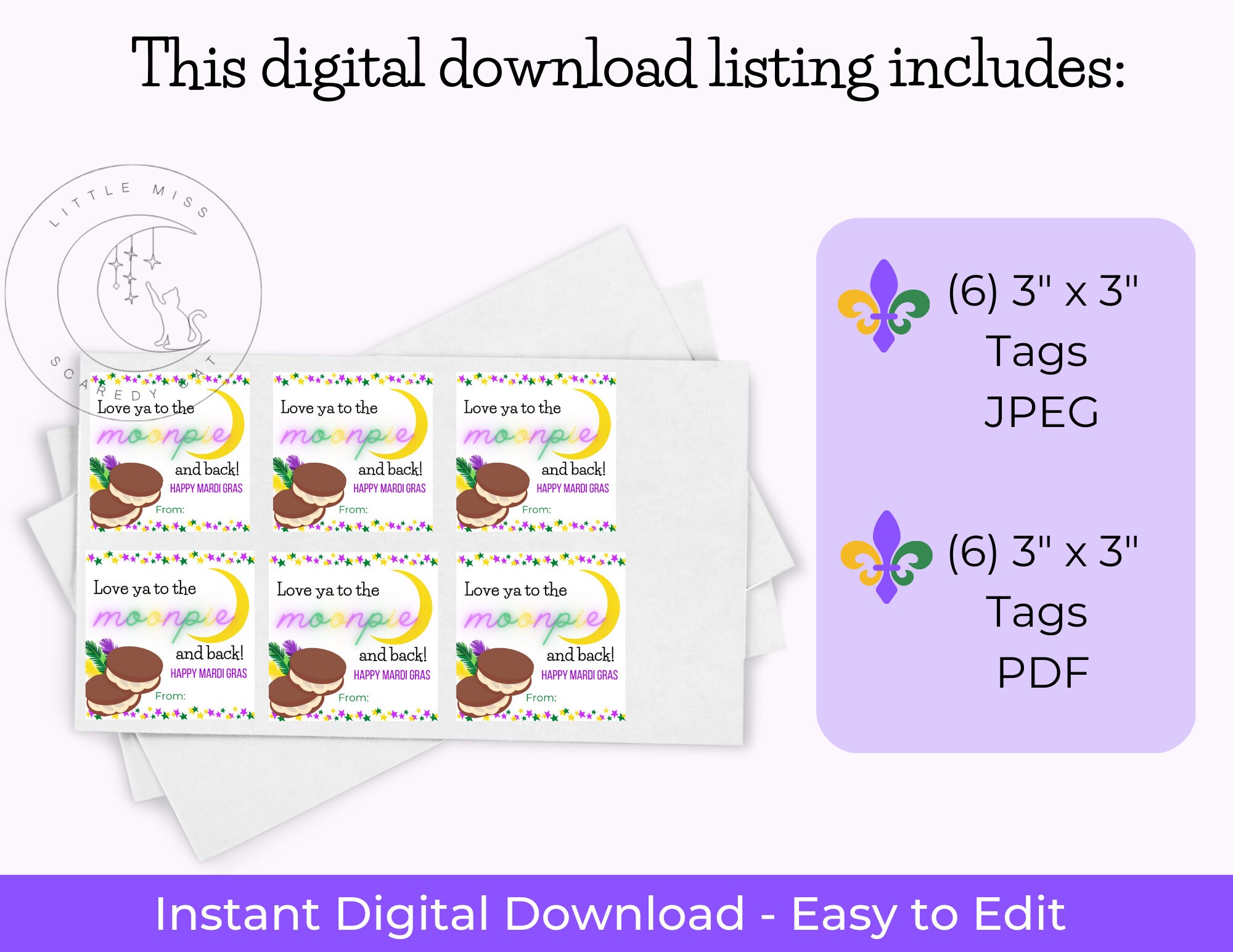 Happy Mardi Gras Moon Pie Gift/ Favor Tags, Love You the Moon and Back ...