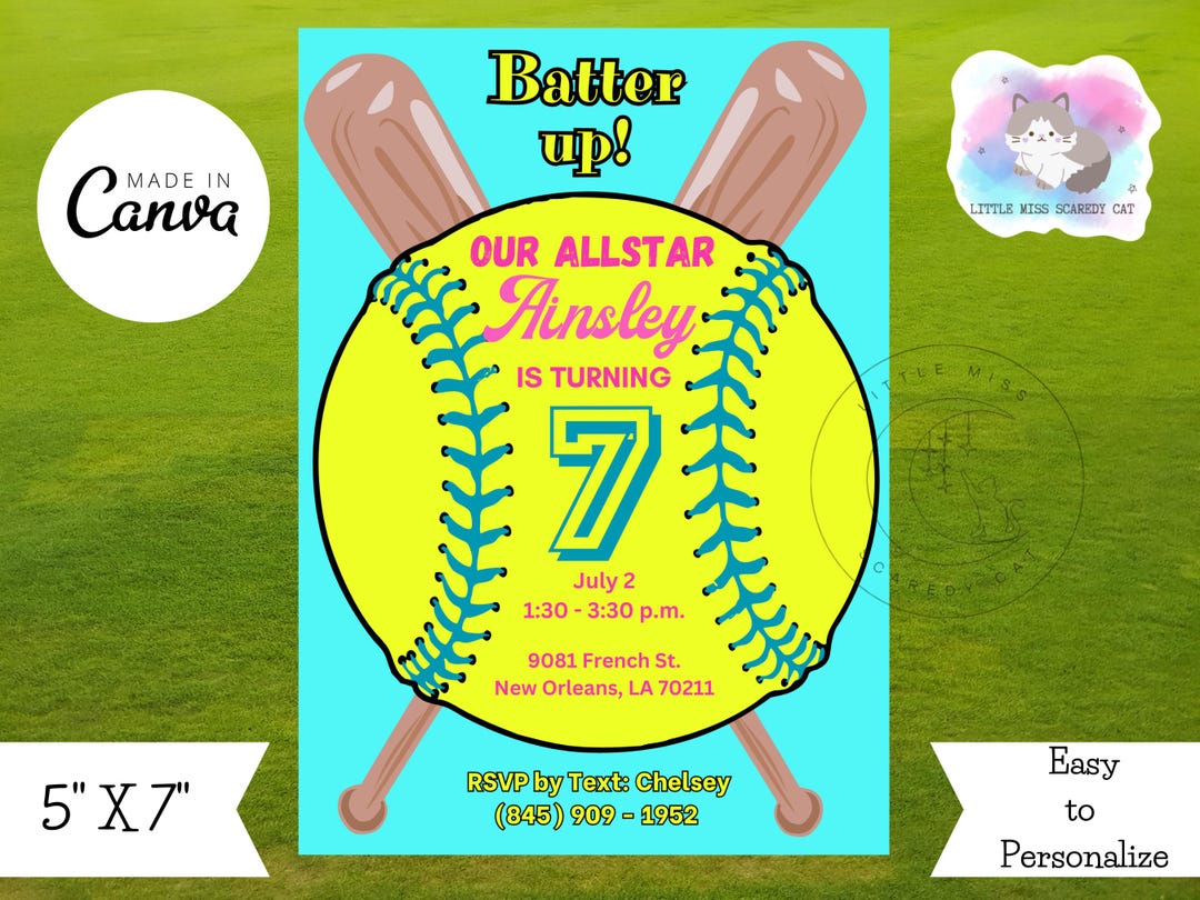 Girls Softball Birthday Invitation | Sports Party Invite | Batter up ...