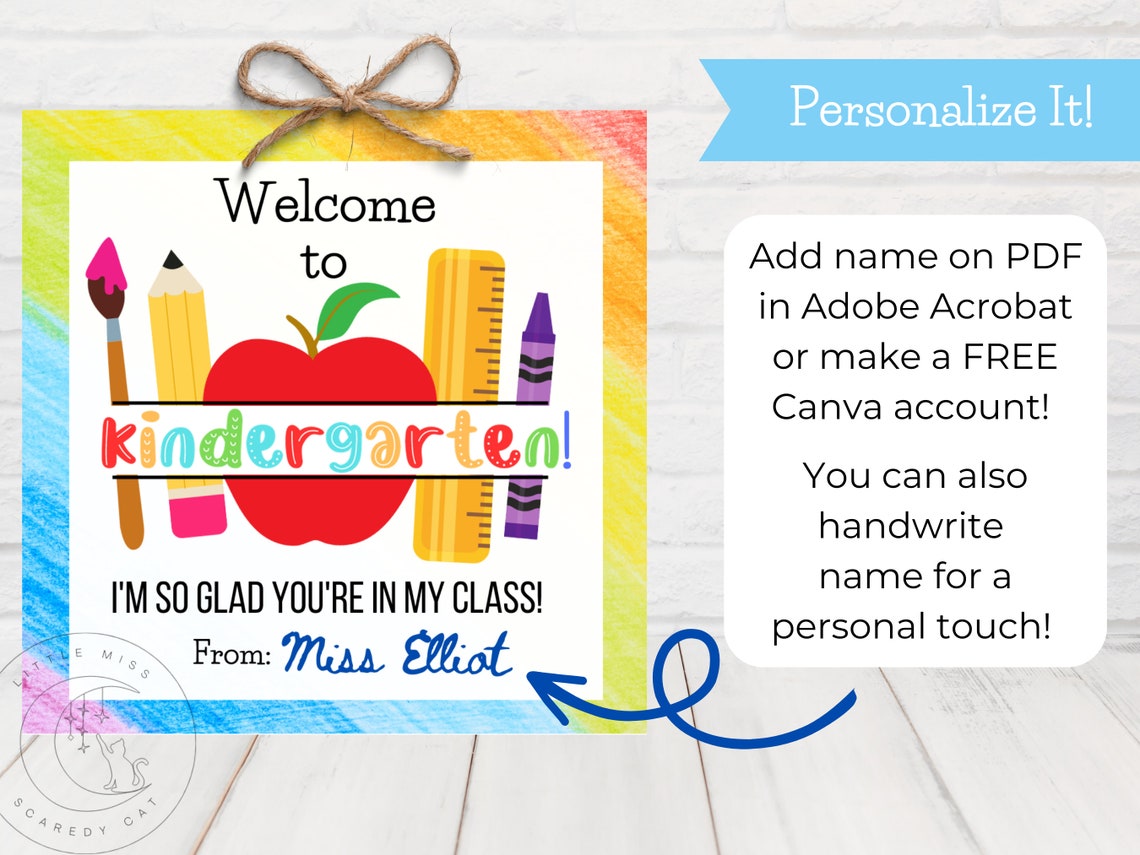 Kindergarten Welcome Gift Tags, Back to School Printable (PDF & JPEG ...