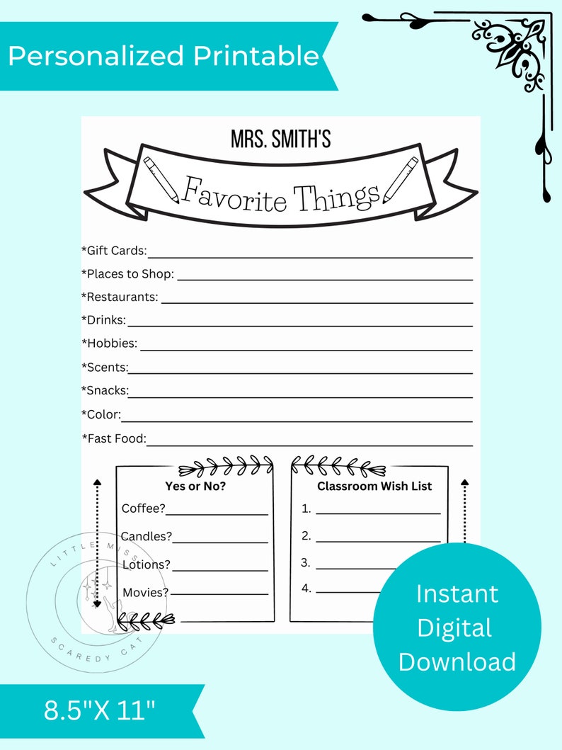 Personalized Teacher's Favorite Things List, Teacher Appreciation Ideas ...