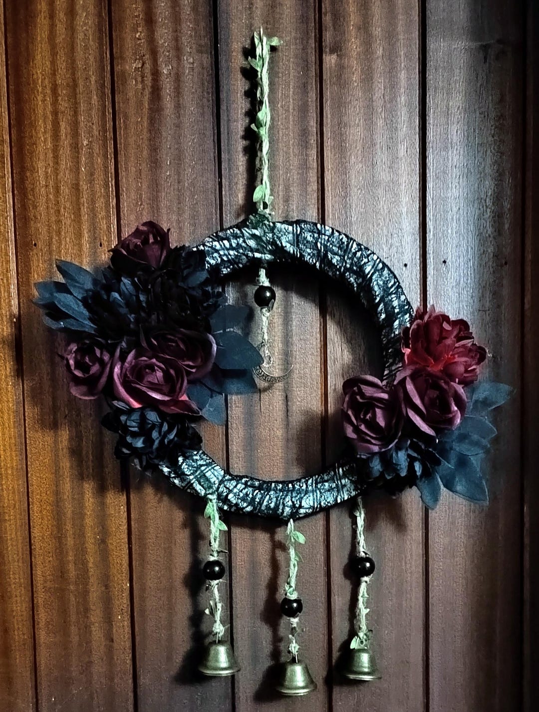 Gothic Black Lace Wreath With Dark Red Roses, Crescent Moon Prismatic ...