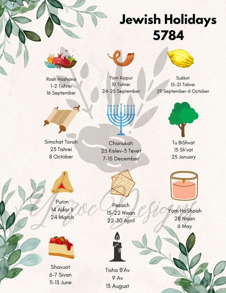 Jewish Holiday Calendar 5784 DIGITAL Printable Hebrew Calendar High ...