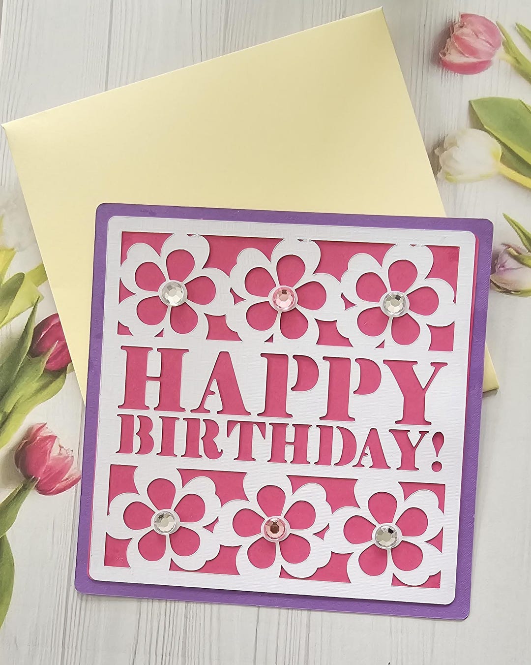 Adorable Happy Birthday Greeting Card With Envelope Handmade "flowers ...