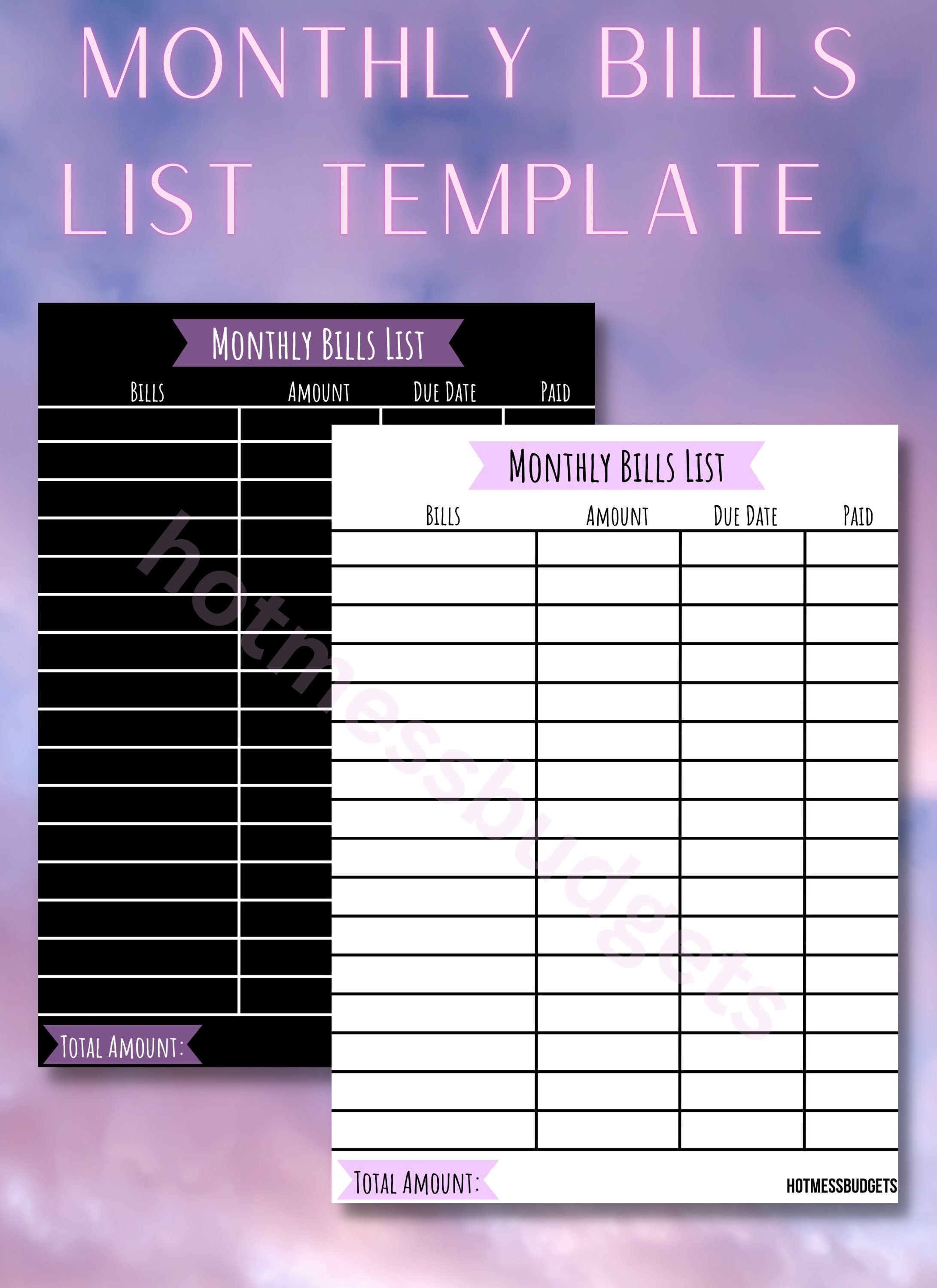Monthly Bills List Digital Template | Bills List - Etsy