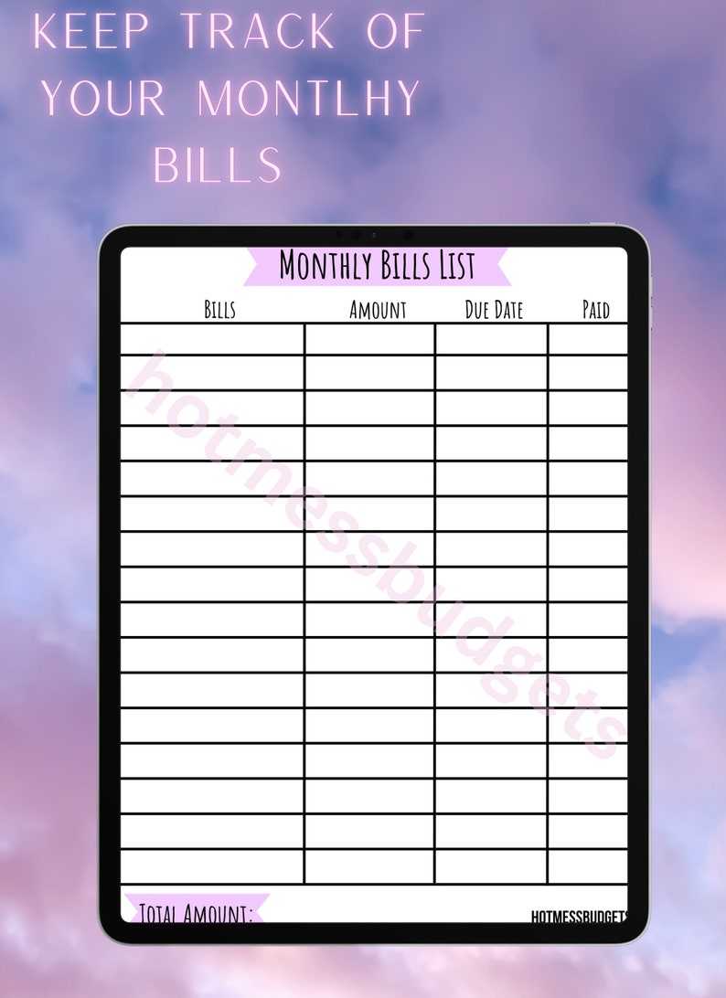 Monthly Bills List Digital Template | Bills List - Etsy