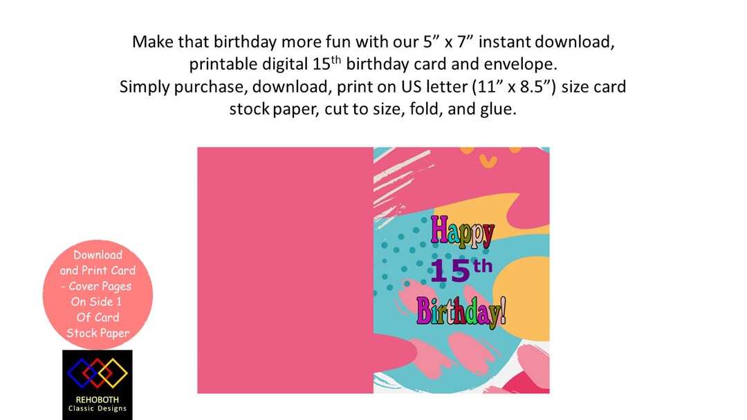 5 X 7 Instant Download, Printable Digital 15th Birthday Card and ...