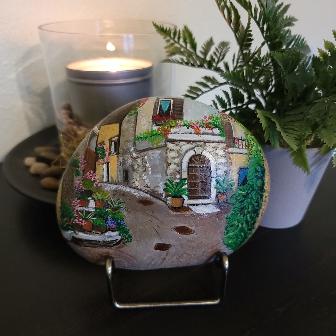 Unique Rock Art Italian Street Flower and Vines Rock Art Painted Stone ...