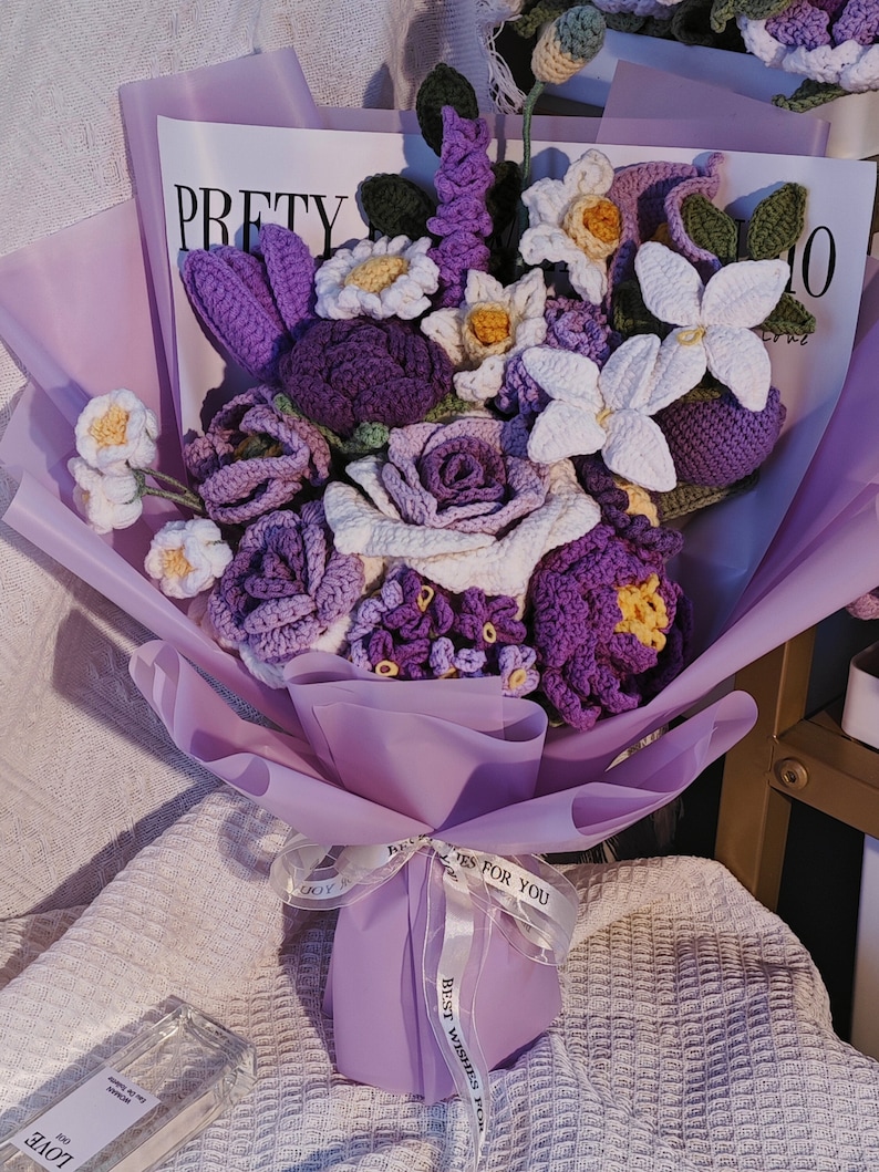 Crochet Purple Flower Bouquet, Knitted Tulip Lily Lavender Mix - Etsy
