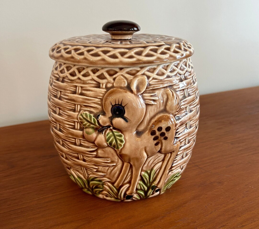 Vintage Cookie Jar, Bambie Cookie Jar, Pottery Basket Weave Cookie Jar ...