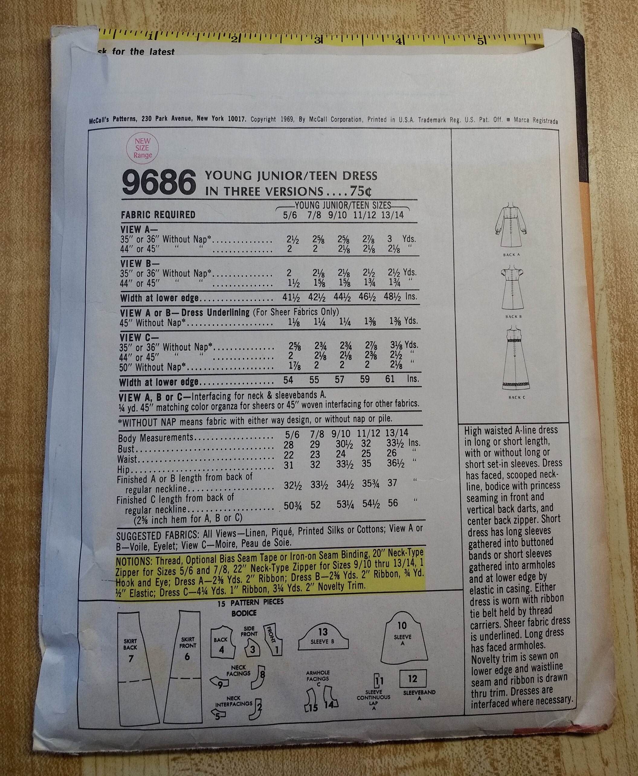 Vintage 1969 Mccall's Complete Sewing Pattern 9686 Prom Dress ...