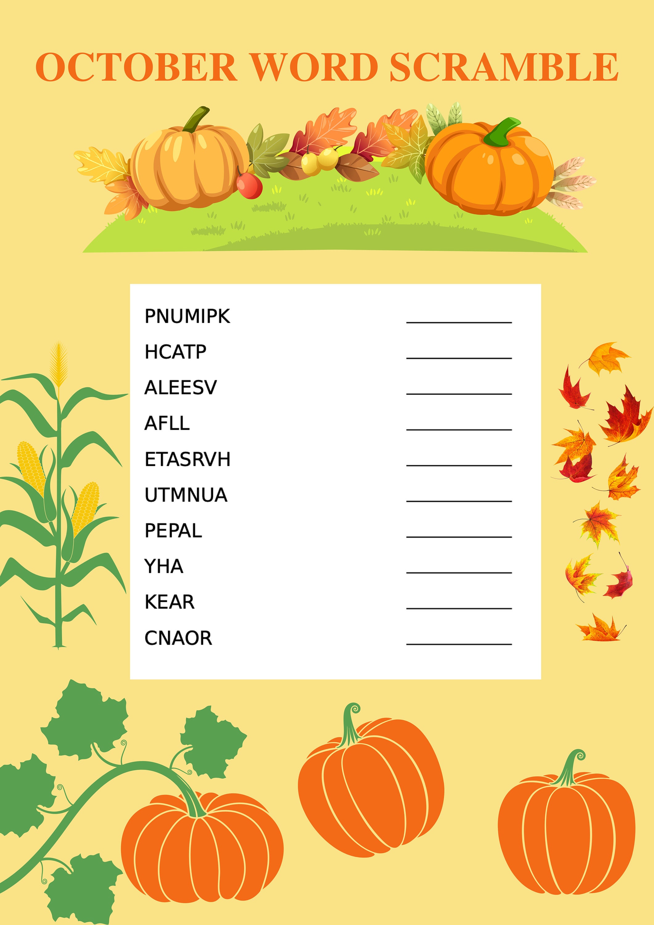 October Games Printable Word Search Word Scramble Kid - Etsy