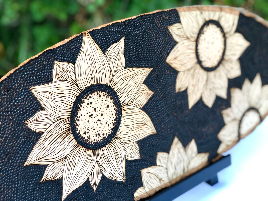 Wood Burned Sunflower Art, Rustic, Live Edge Wood Slice, Sunflowers, Pyrography, Unique Gift ...