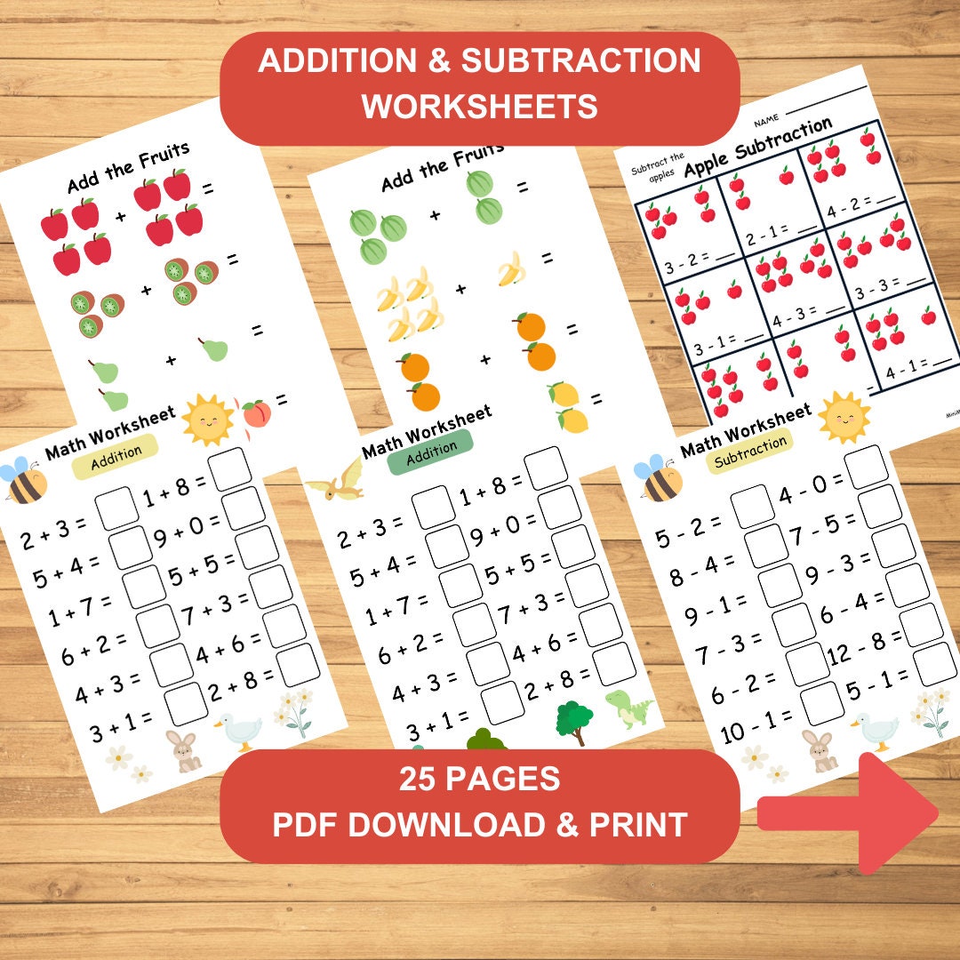 Math Work Sheets Addition & Subtraction PDF Print Instant Download - Etsy