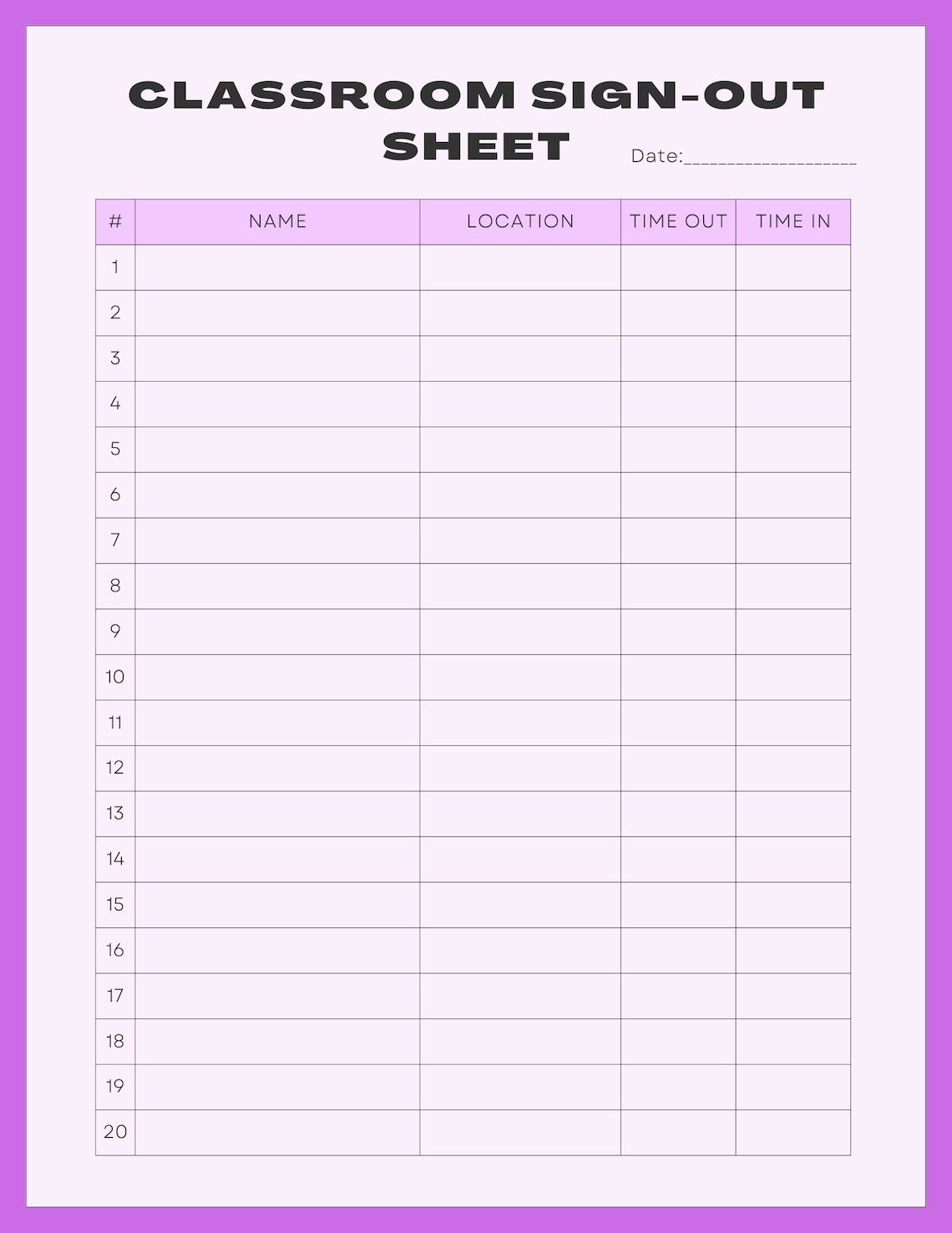 Classroom Sign Out Sheet With Name, Location, Time Out and Time in Tabs ...