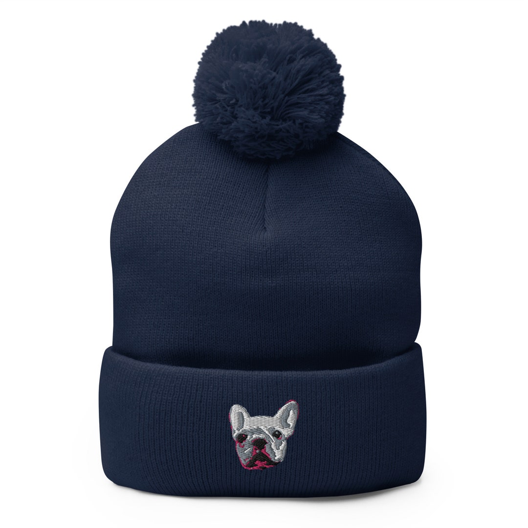 Frenchie (french Bulldog) Navy With Pink Accents Pom-pom Beanie, Dog ...