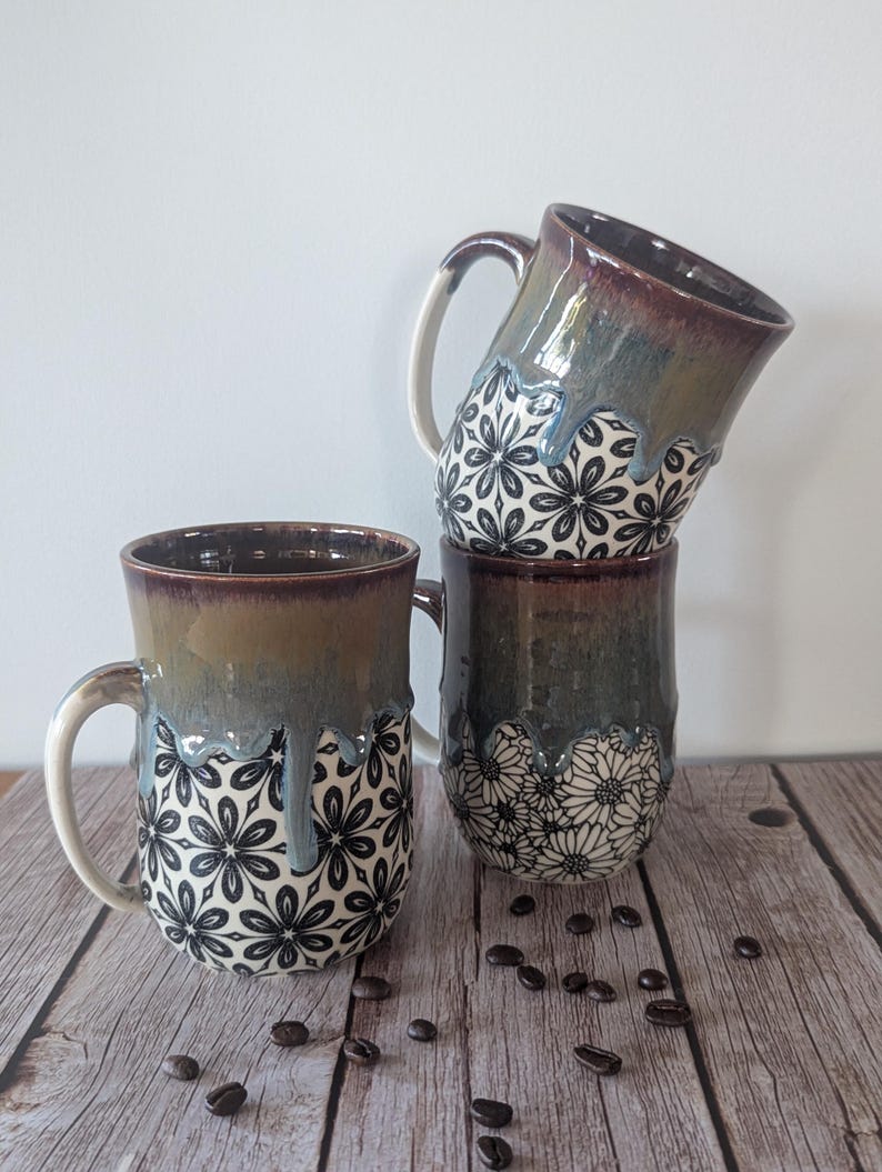Large Handmade Pottery Mug With Flower Pattern for Tea or Coffee - Etsy