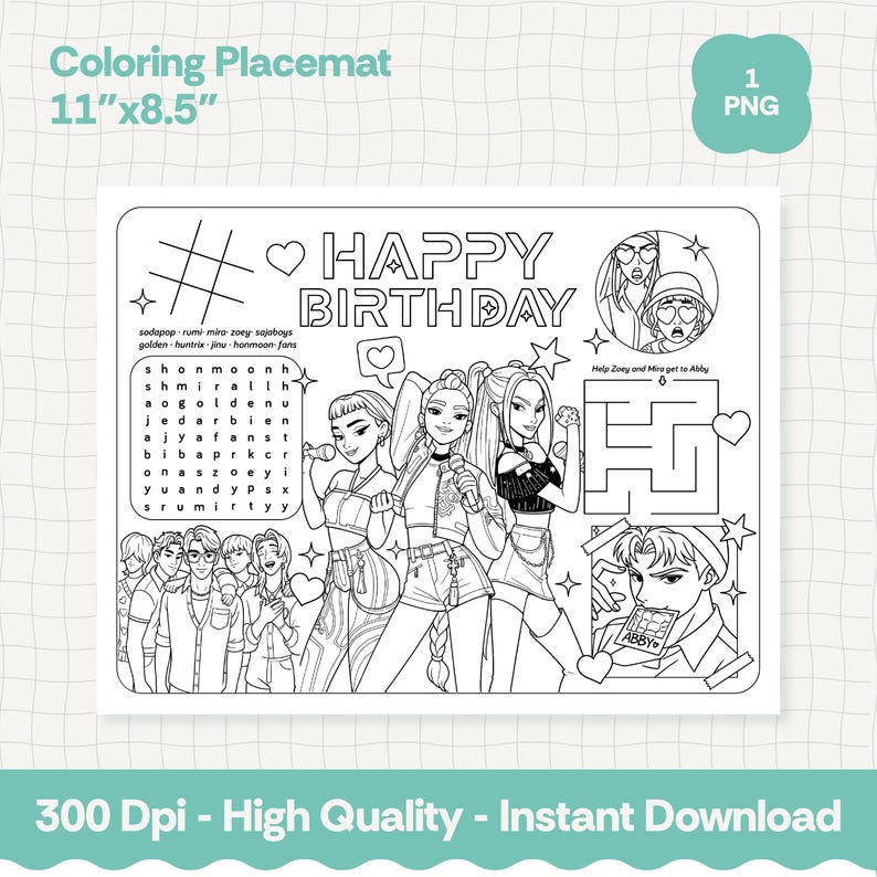 Party Placemat | Party Activity Sheet | Huntrix Kpop | Kids Activity ...