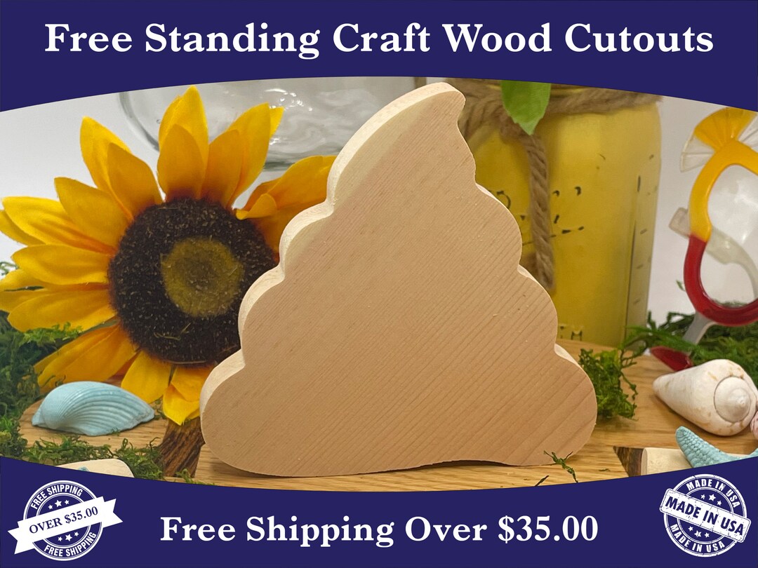 Unfinished Poop Emoji Shaped Free Standing Solid Wood Craft Cutout ...