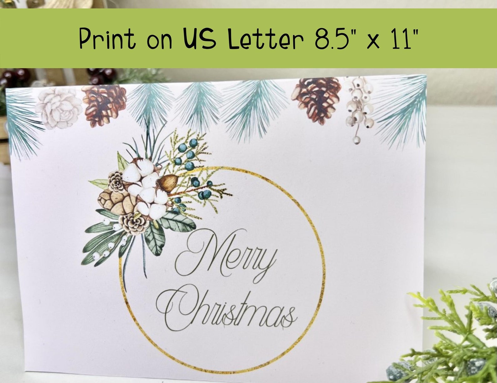 Printable Merry Christmas Card, Digital Download Printable, Wreath ...