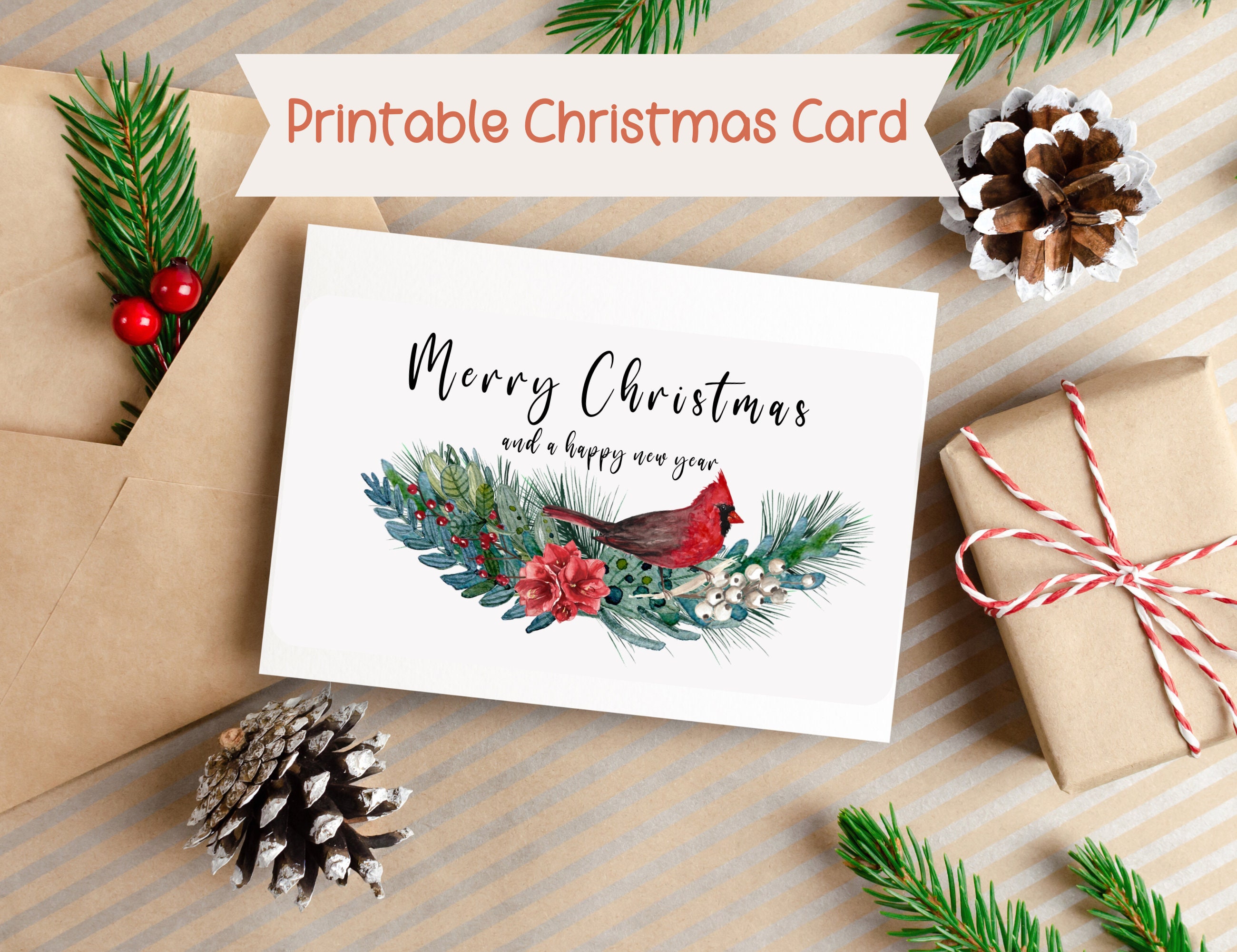 Printable Merry Christmas Card, Digital Download Printable, Cardinal ...