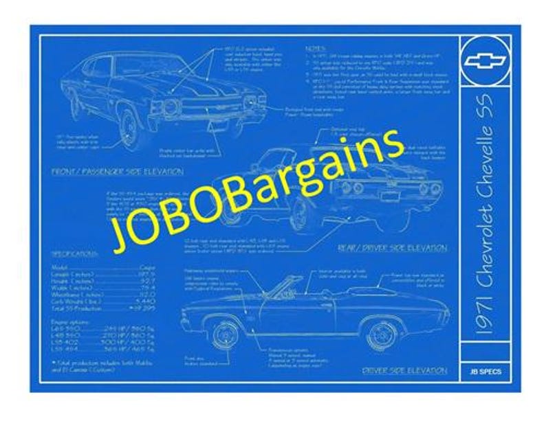1971 Chevrolet Chevelle Malibu SS Blue Print 24 X 36 Inch Poster ...