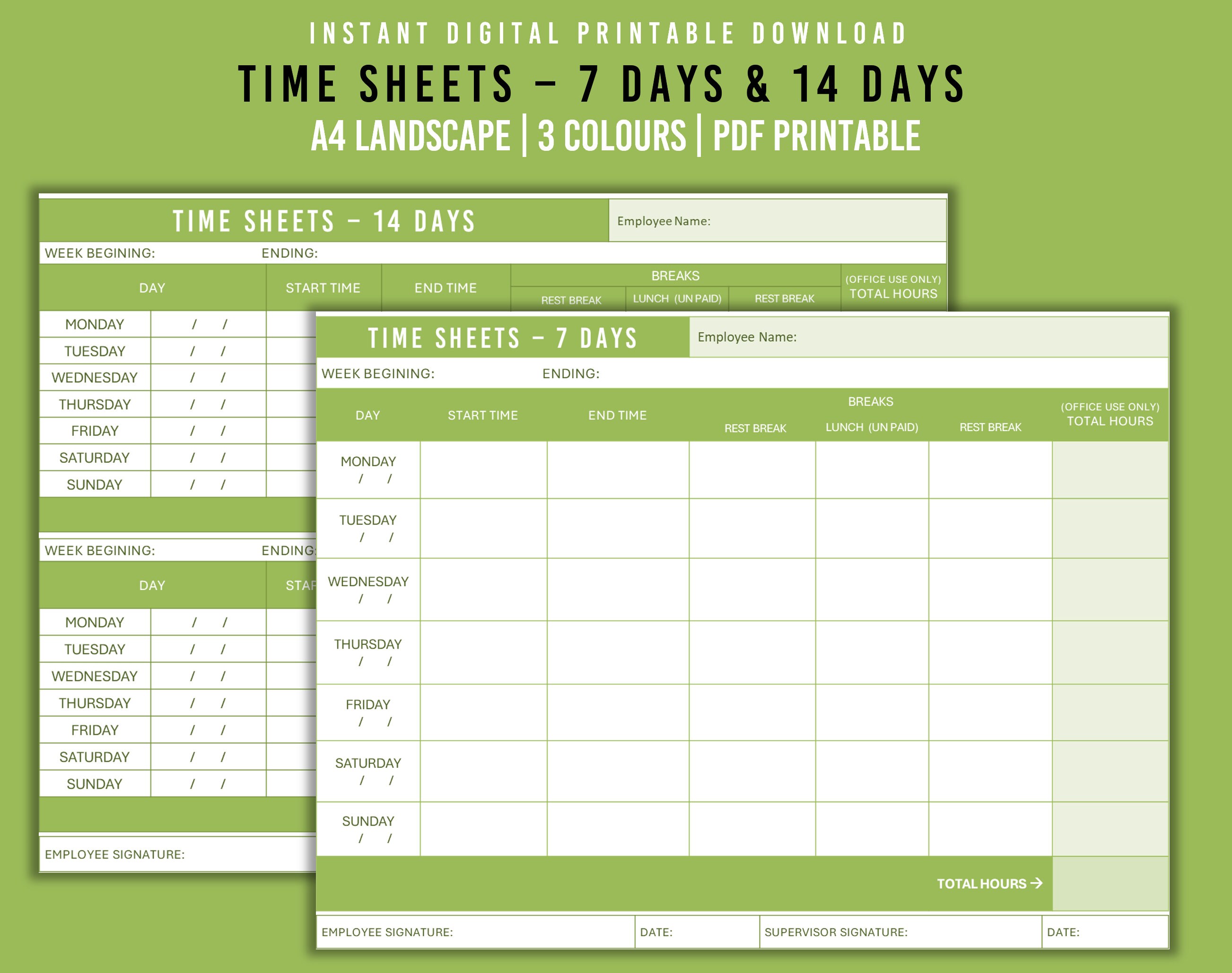 Time Sheets 7 Day & 14 Day Weeks, Mon-sun | Printable, to Do List ...