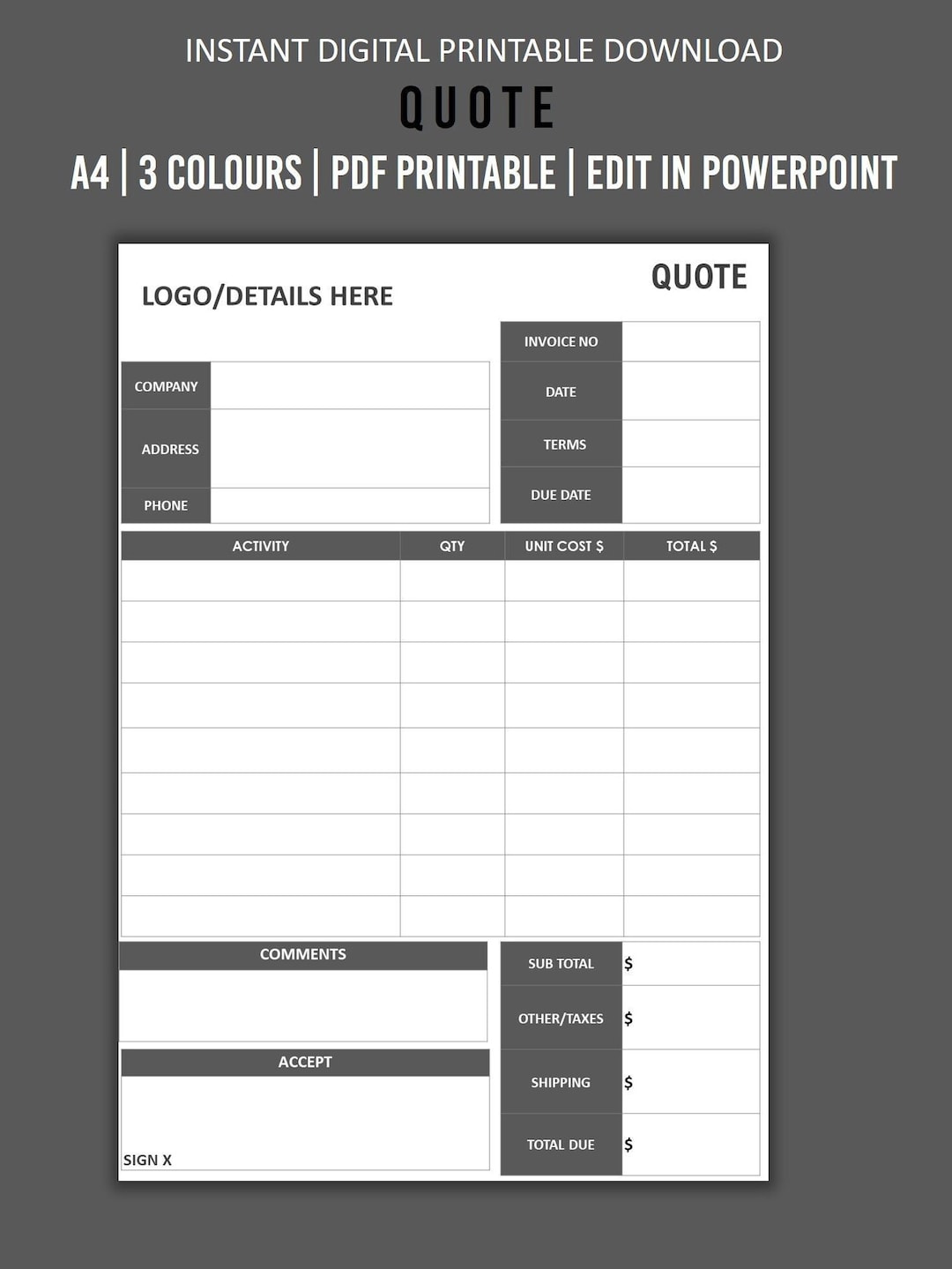 Quote Template Pdf/powerpoint Business Quote. Editable Quote. Custom ...