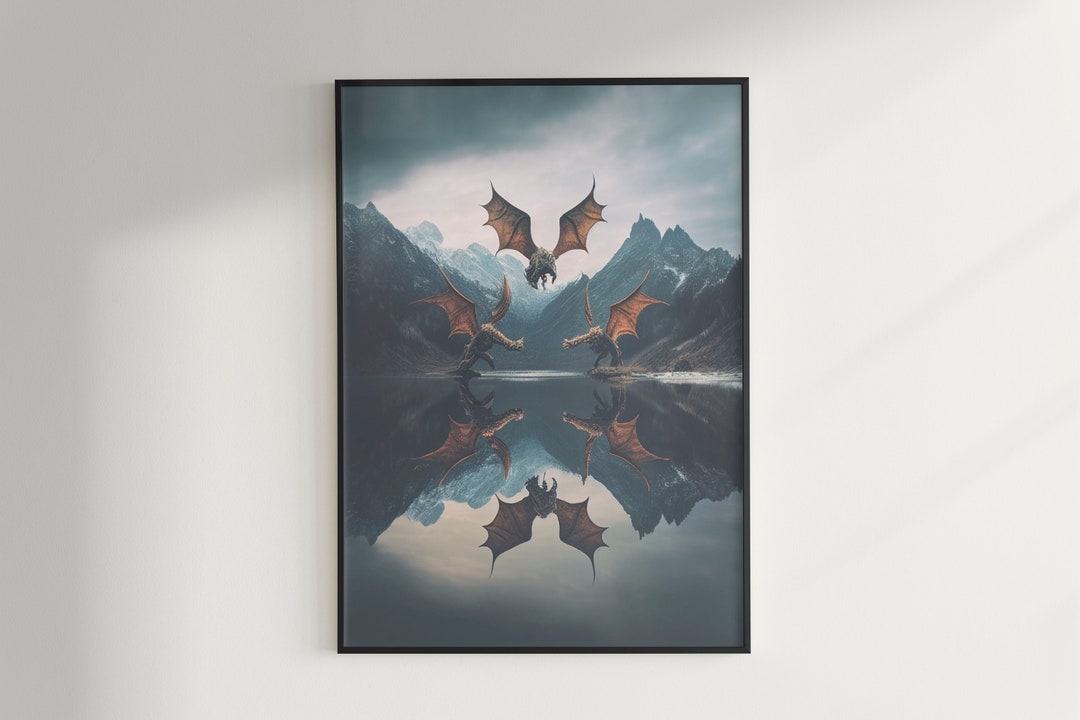 Dragons Flying Over Lake Print Dragon Reflection Poster Three Dragons ...