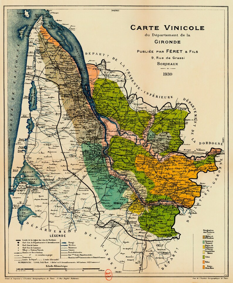1930's Bordeaux Wine Map - Carte Vinicole Du Department De La Gironde ...