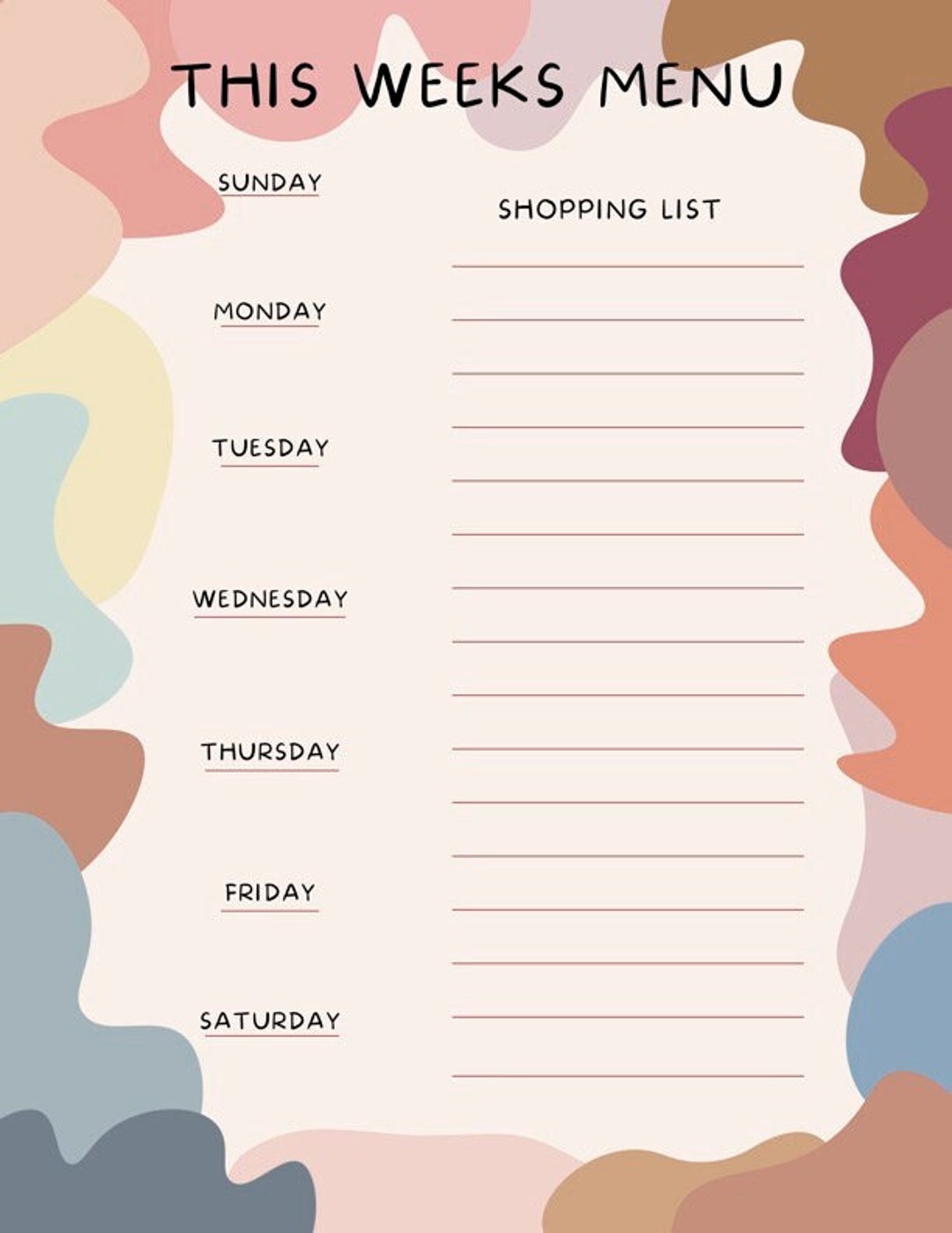 Printable One Week Menu With Shopping List - Etsy