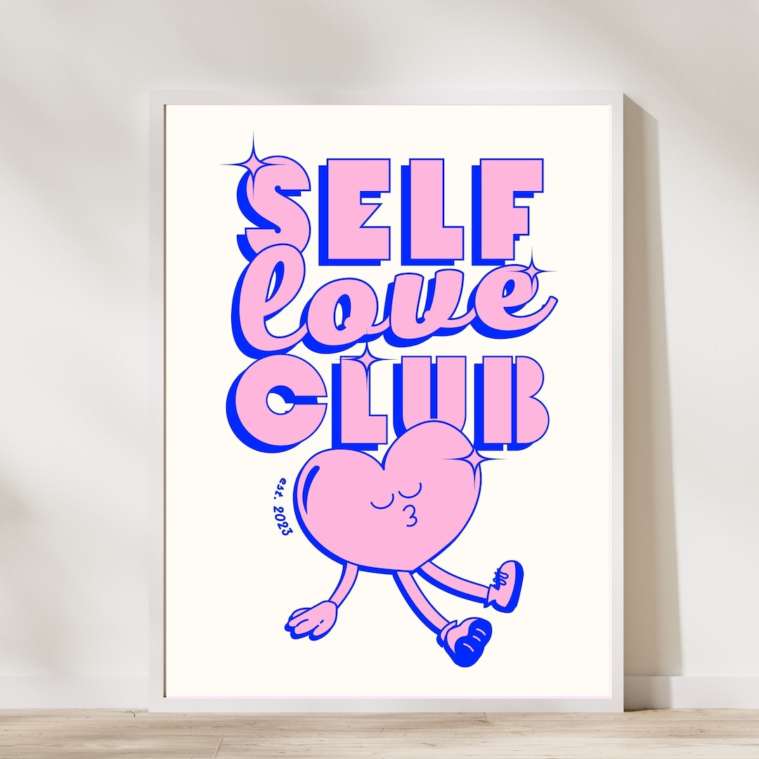 Self Love Club Poster, Retro Wall Prints, Self Love Club, Heart Poster ...