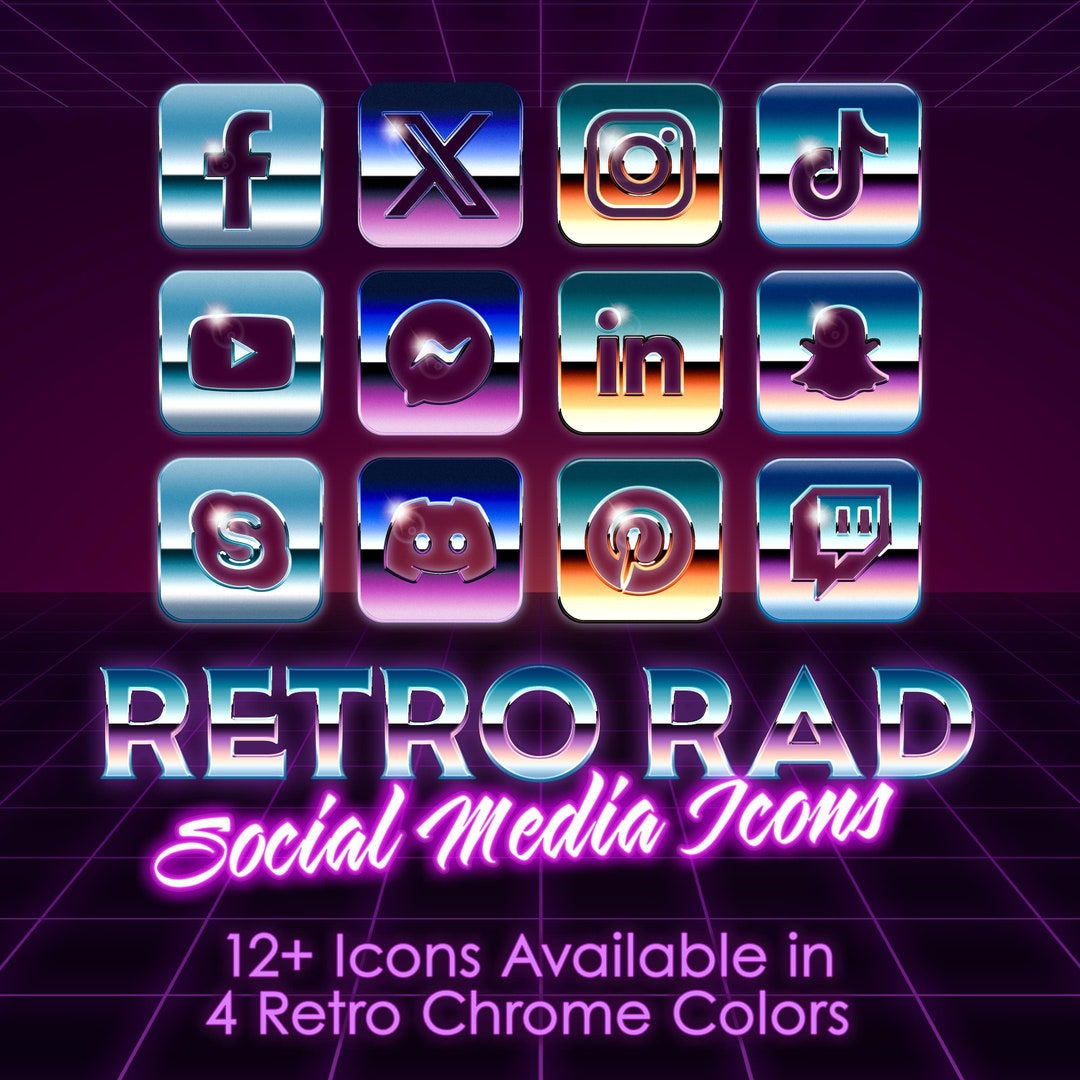 12 Social Media Retro Rad Chrome App Icons, 4 Colors, Website Design ...