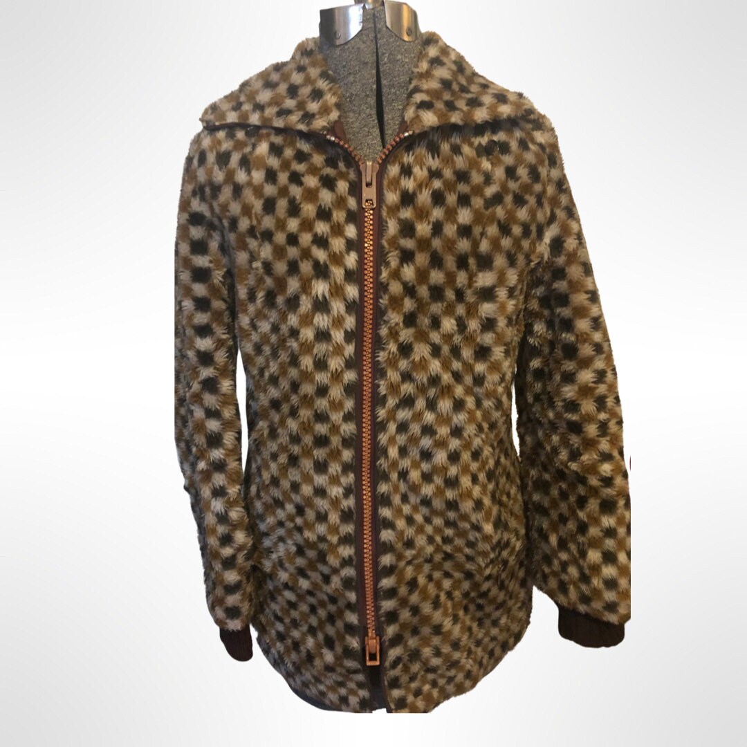 1970s Checker Print Fuzzy Jacket Zip up Pockets and Elastic Cuffs Size ...