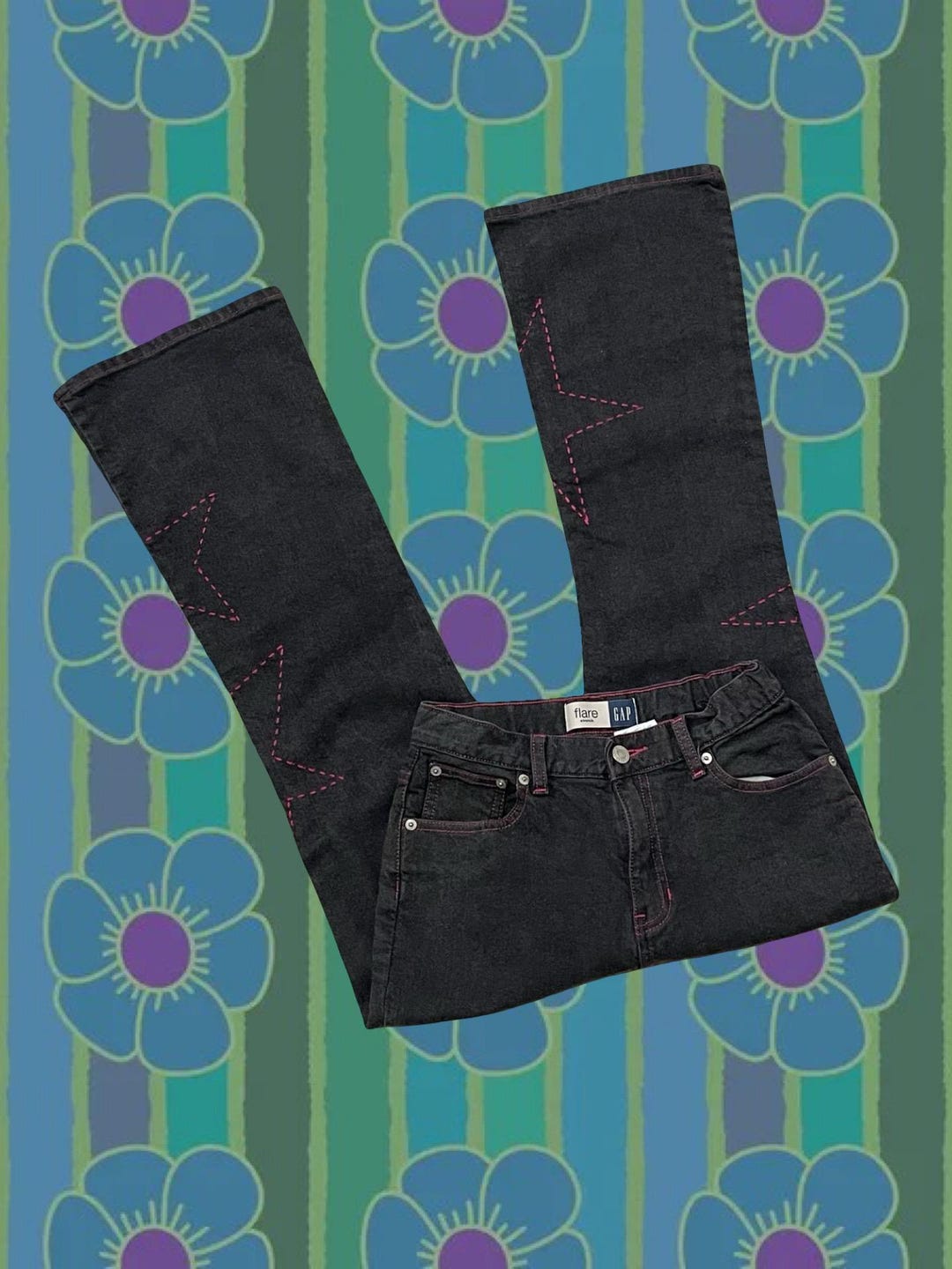 Y2K Grey Mid-rise Bootleg Cut Jeans With Pink Star Embroidery - Size 24 ...