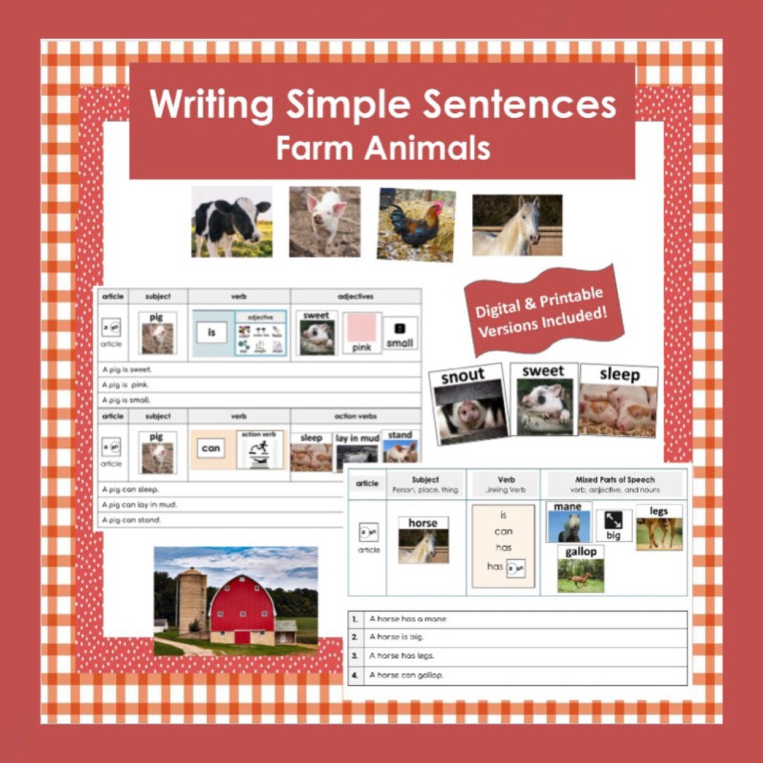 Writing Simple Sentences Farm Animals - Etsy