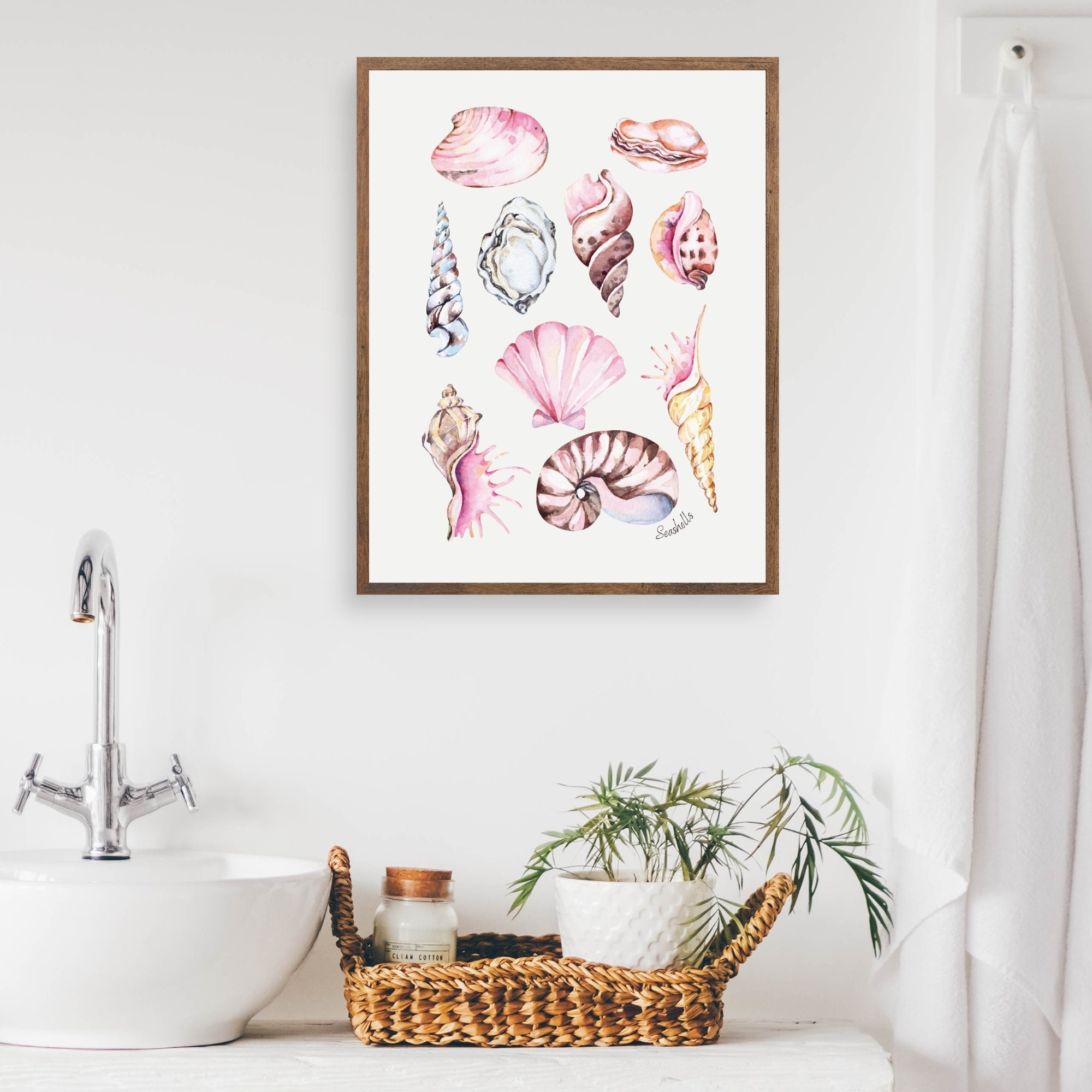Seashell Art Print, Pink Seashell Poster, Bathroom Digital Art Print ...