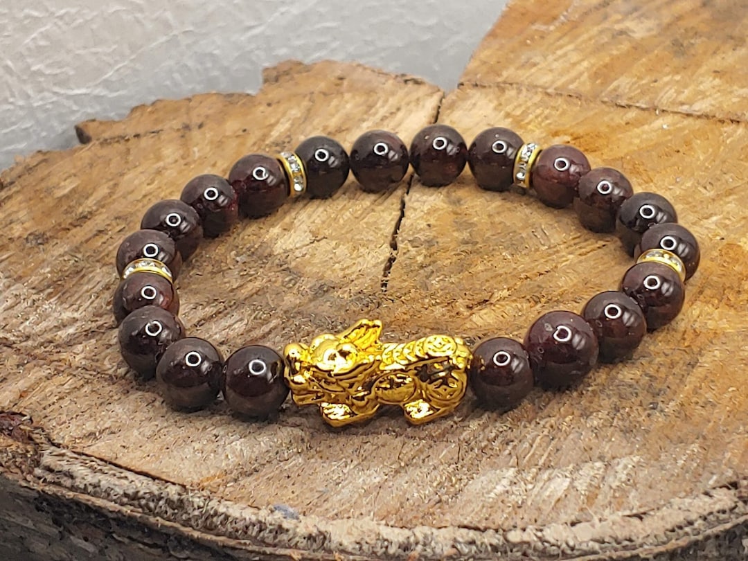 Pixiu Garnet Bracelet, Pixiu Luck Bracelet Genuine Crystal, Pixiu 24K ...