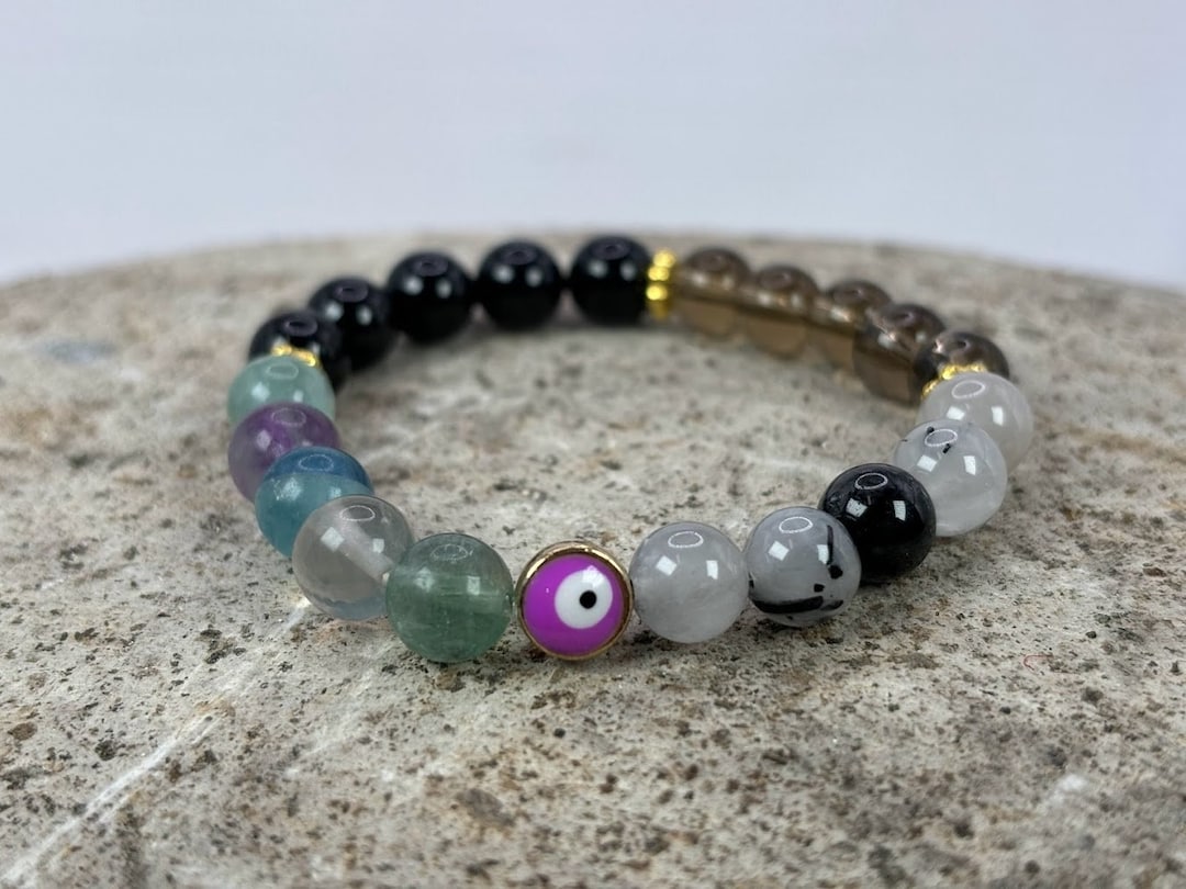Evil Eye Gemstone Bracelet: Black Tourmaline, Smoky Quartz, Fluorite - Etsy
