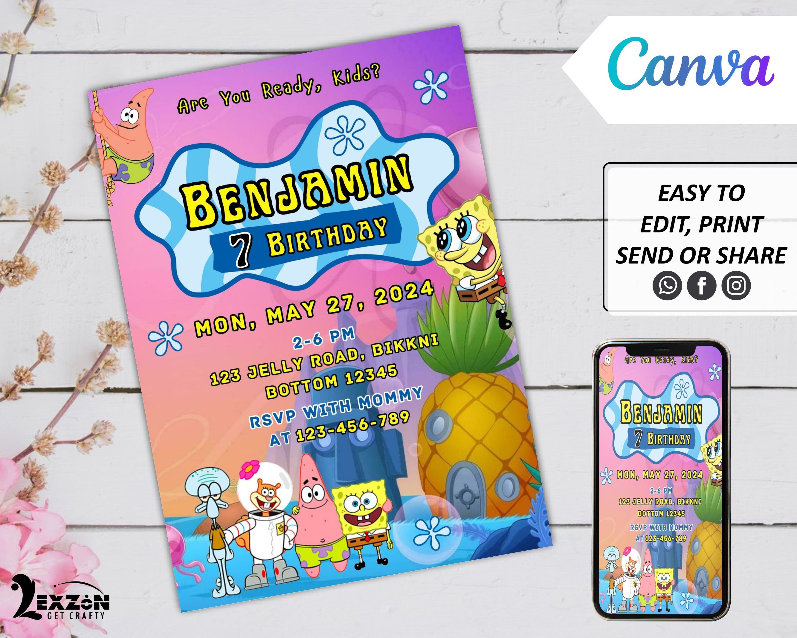 Editable Spongebob Birthday Invitation, Party Invitation, Printable ...