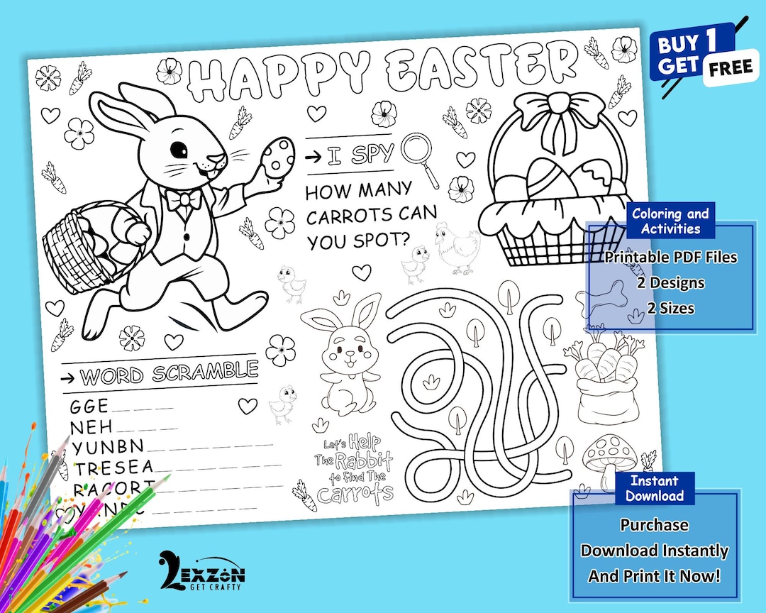 Happy Easter Placemat | Printable Spring Bunny Coloring Page | Easter ...