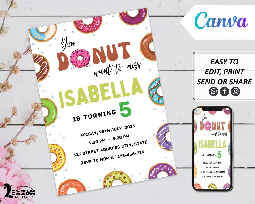 Donut Party Invitation, Editable Canva Template, Electronic Birthday ...