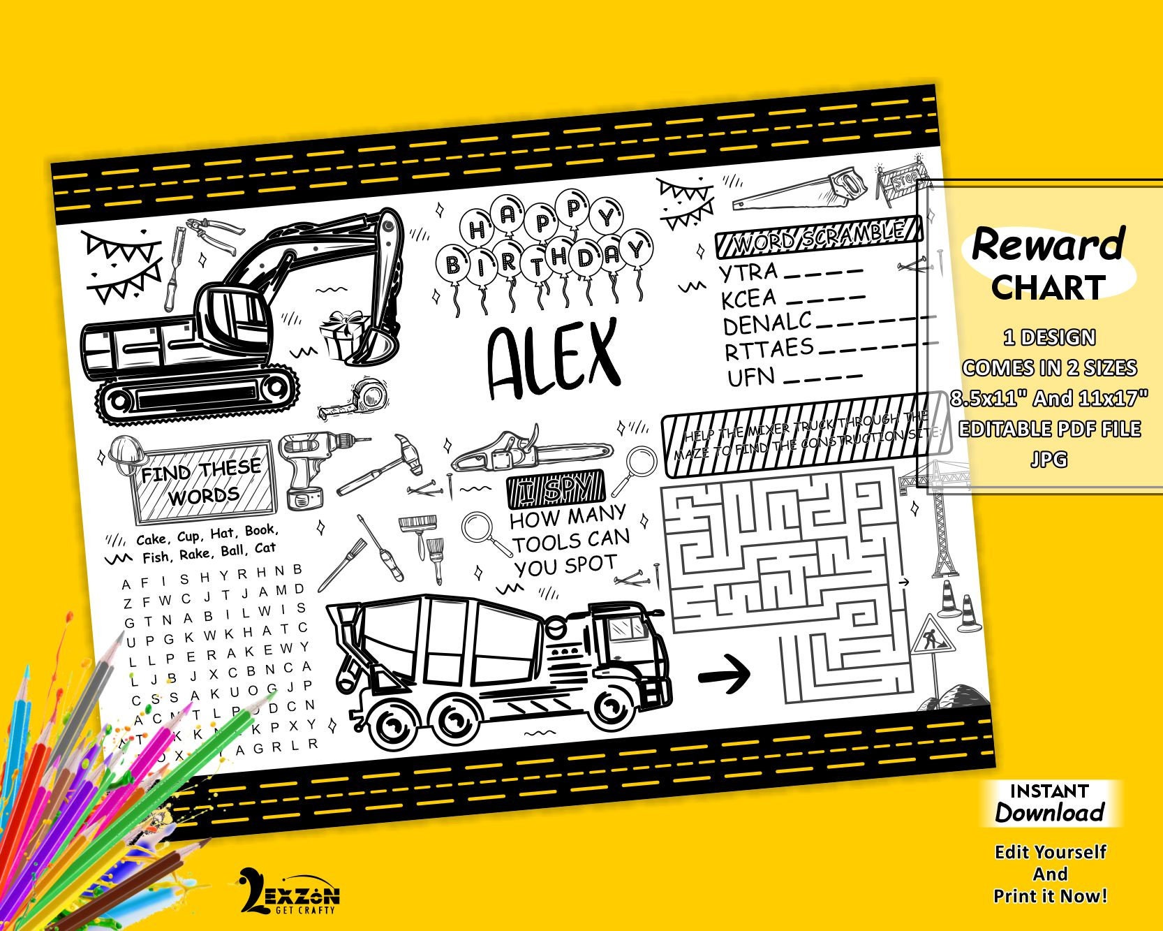 Construction Party Placemat Printable Trucks and Tractor Birthday ...