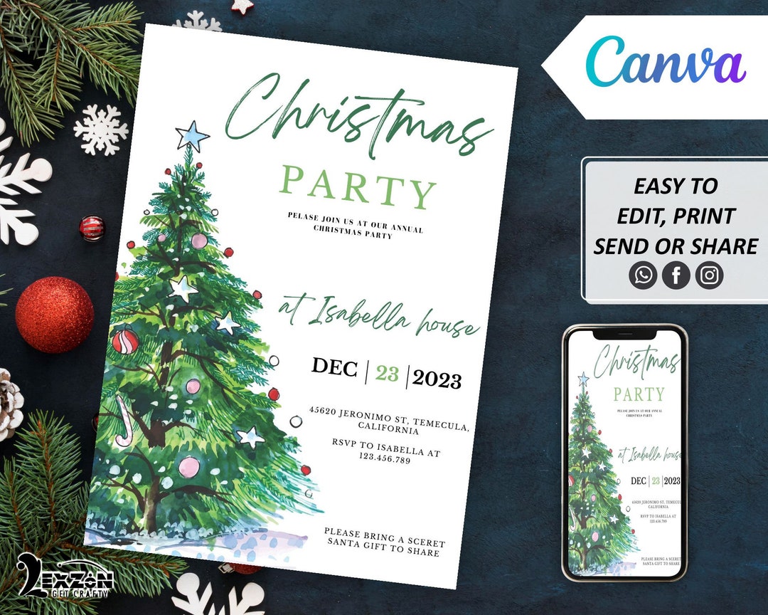 DIY Digital Christmas Party Invitation, Editable Canva Template ...
