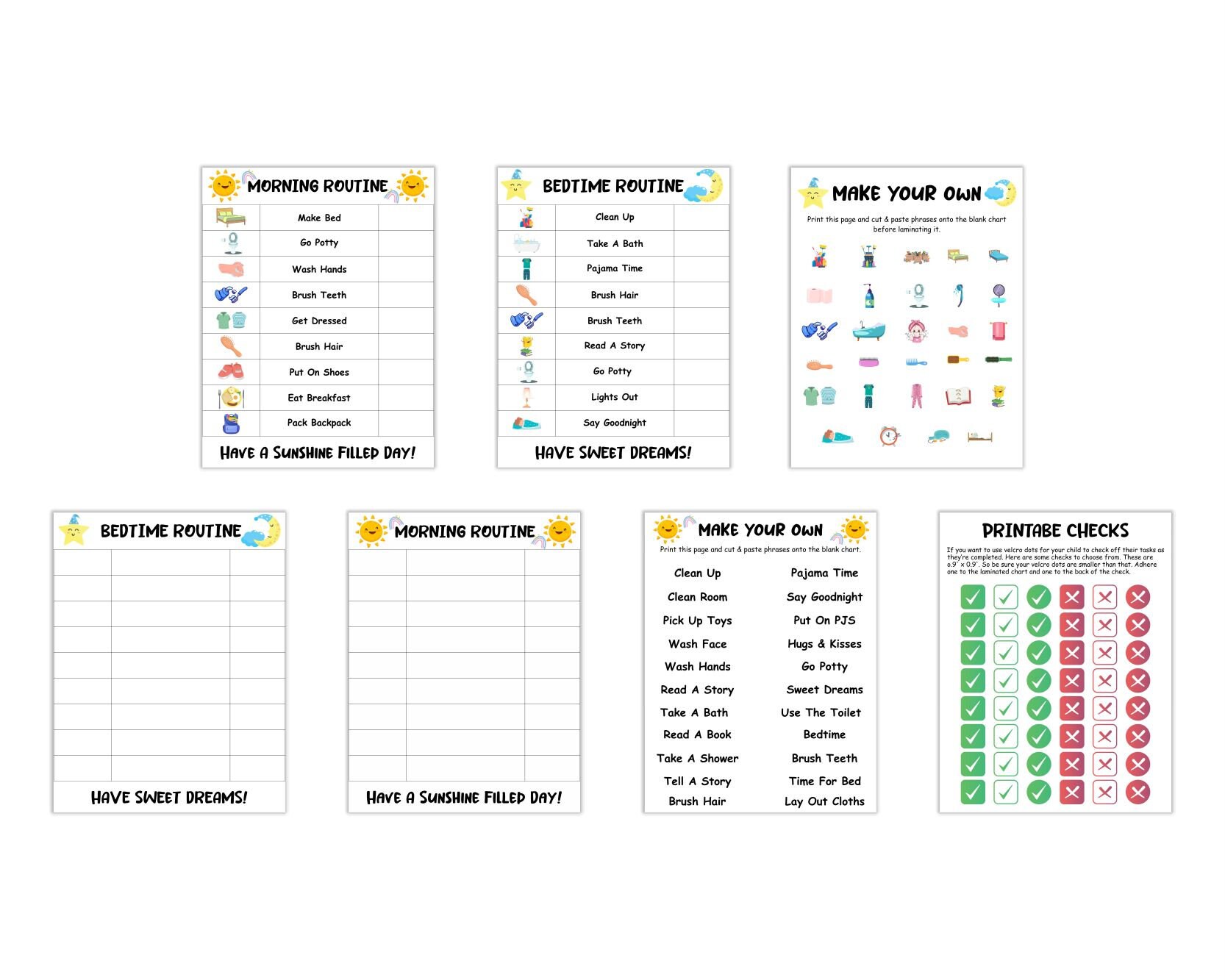 Kids Morning / Bedtime Routine Charts, Cute Printable Checklist ...
