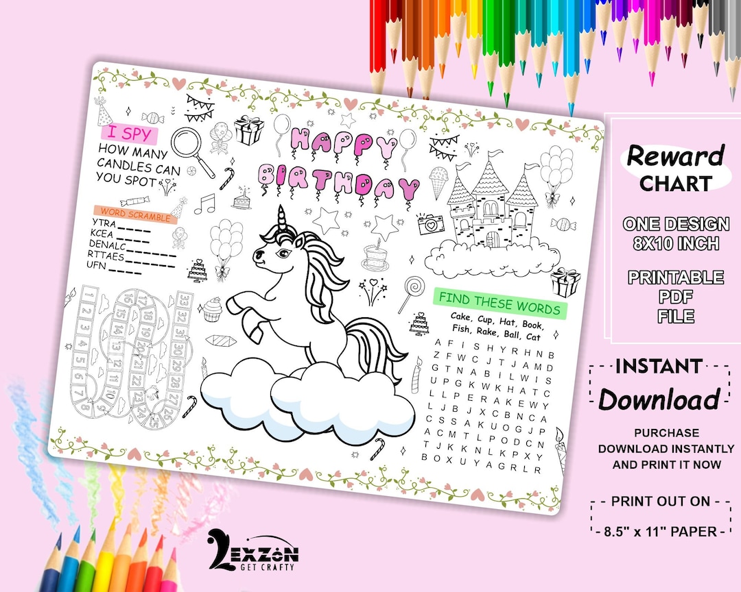 Unicorn Birthday Coloring Placemat | Printable Party Coloring Page ...