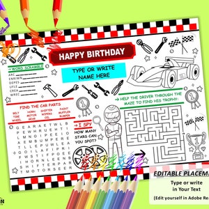 Racing Car Party Placemat | Printable Formula 1 Party Coloring Page ...