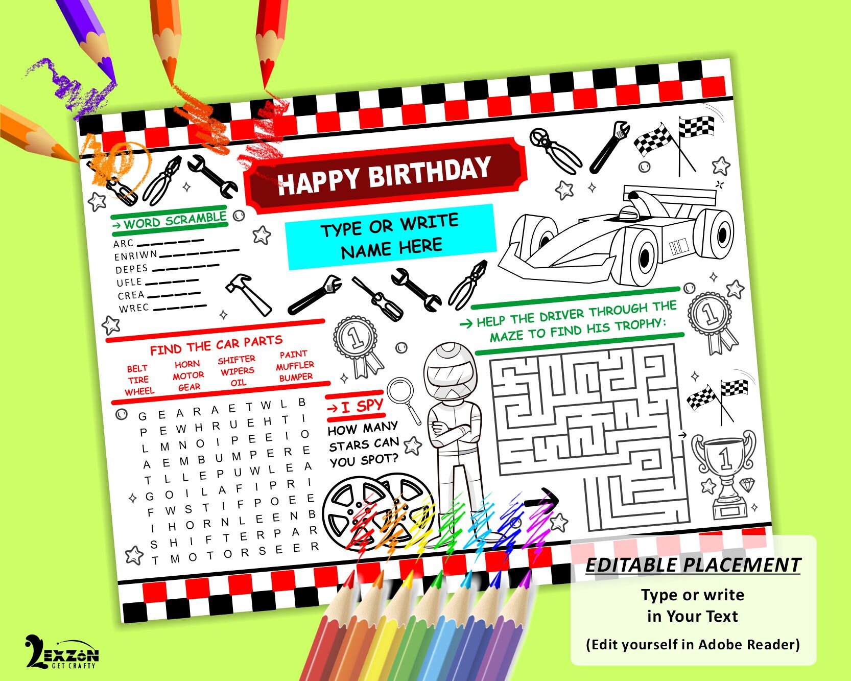 Racing Car Party Placemat | Printable Formula 1 Party Coloring Page ...