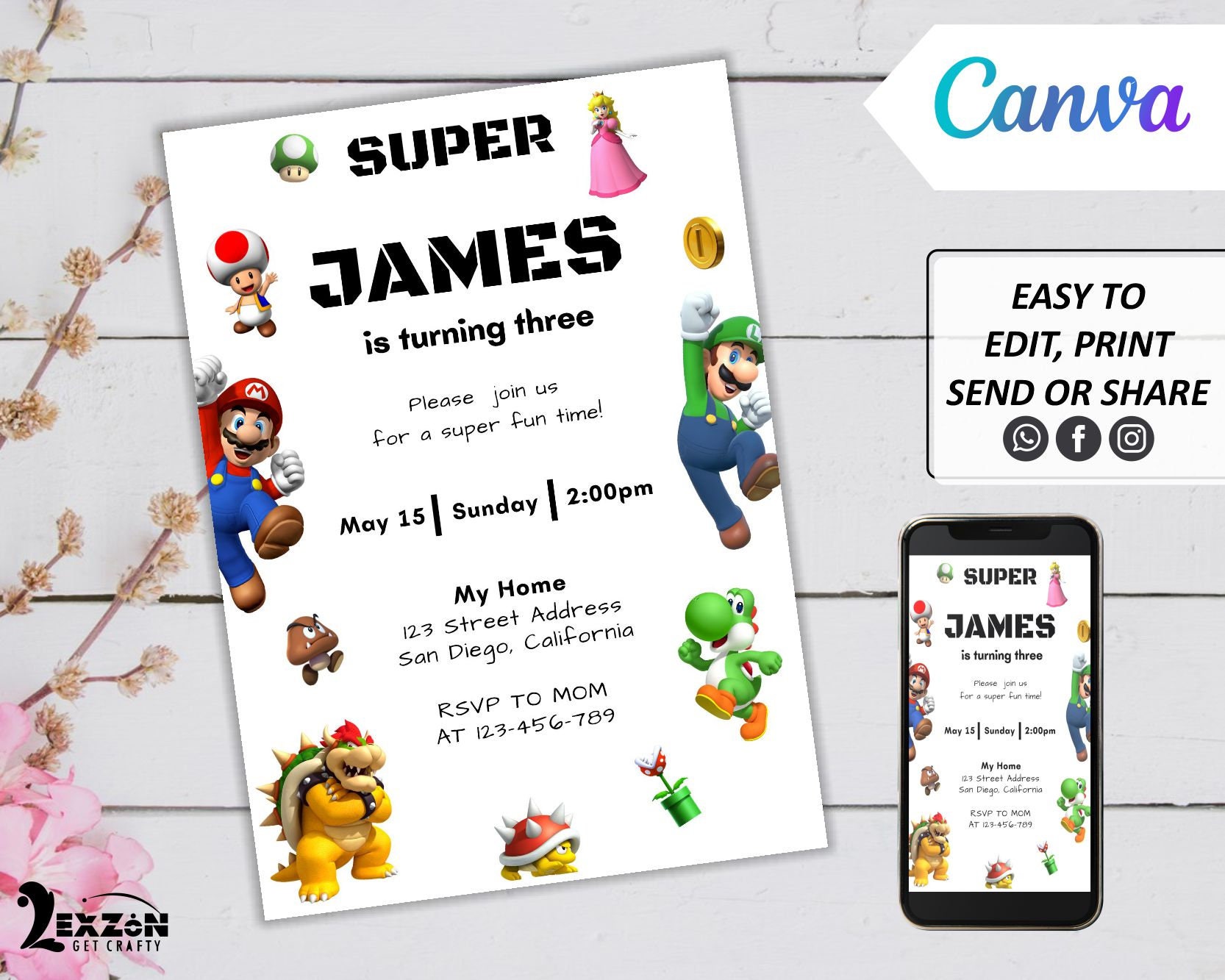 Super Mario Invitation Canva Template Super Mario Invite All Purpose ...